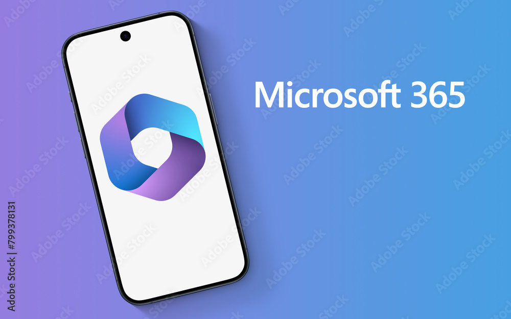 Microsoft 365 Logo is displayed on a smartphone, purple-blue gradient ...