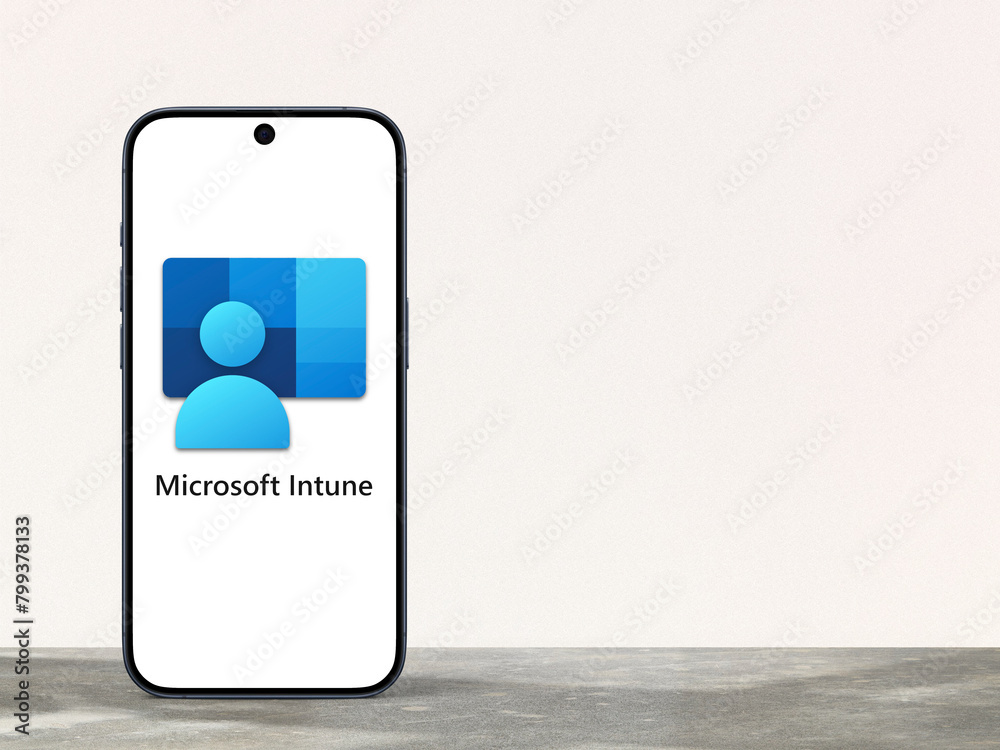 Microsoft Intune logo displayed on a modern smartphone standing on a ...