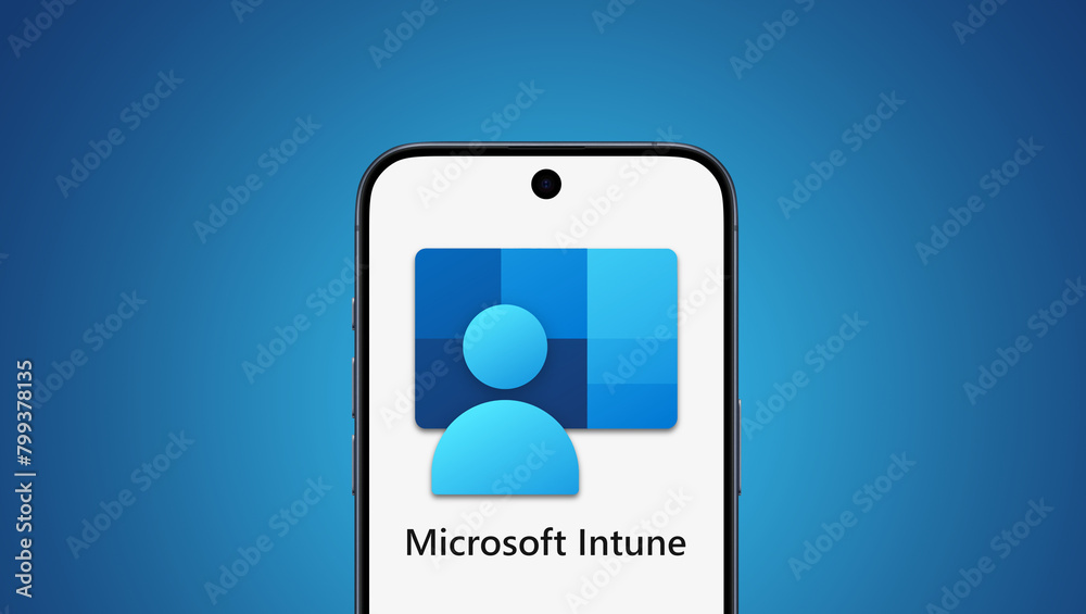 Microsoft Intune logo displayed on a modern smartphone, blue gradient ...
