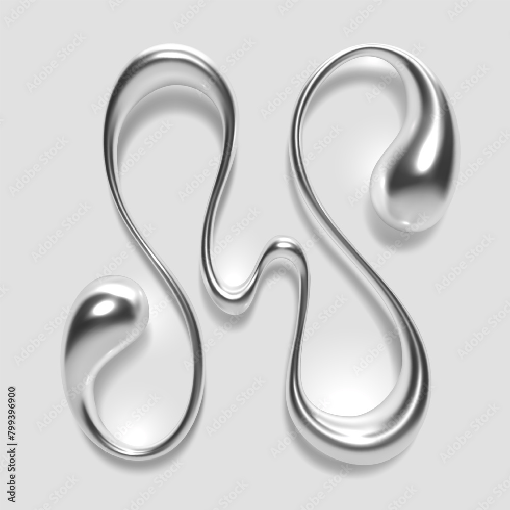 3D chrome liquid metal letter N, with a reflective glossy finish and ...