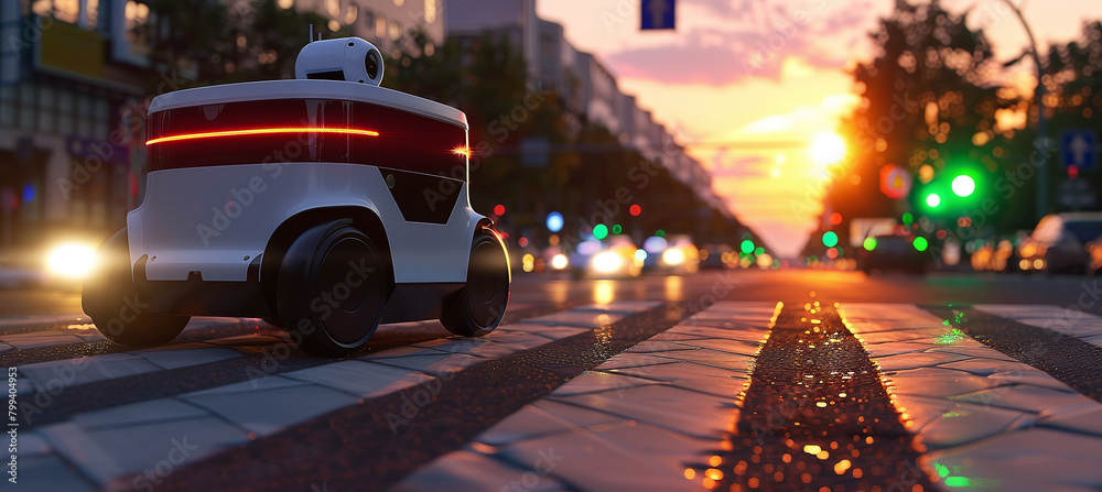 A delivery robot on the city streets fulfills delivery orders ...