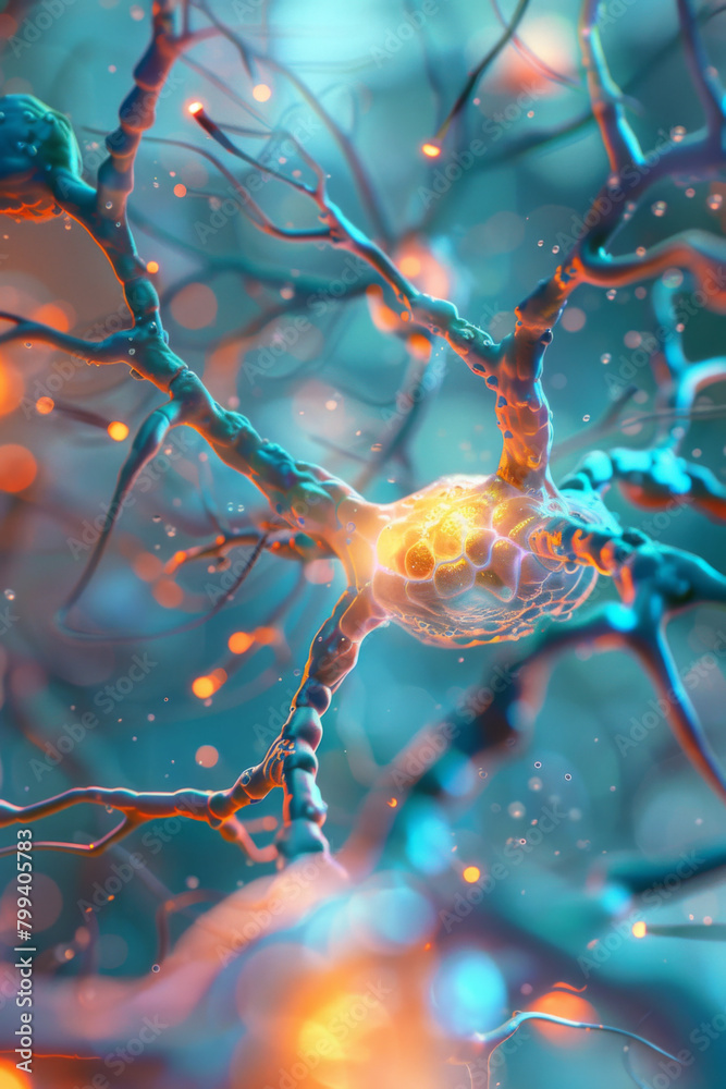 the schema of a supercharged brain with shining nerves connections ...