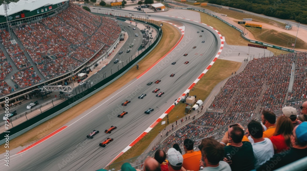 Aerial view of racing car driving car at race track surrounded with ...