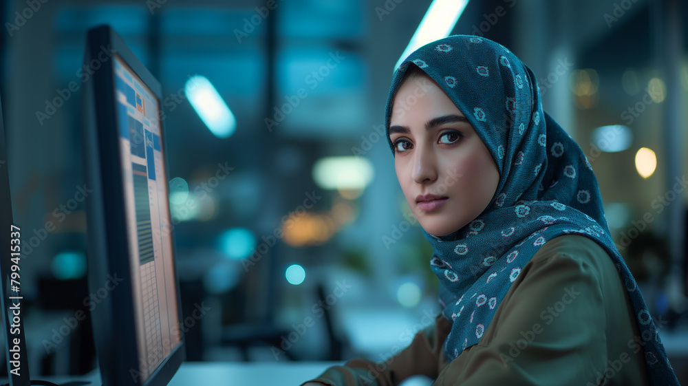 Tech Savvy and Confident: Hijabi Woman Manages Kanban Boards in Modern Office Stock Photo ...
