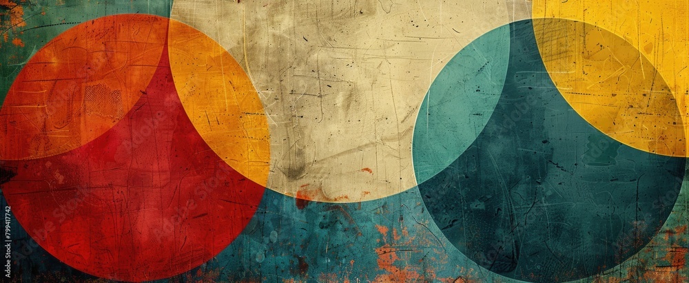 Retro Abstract Art: Bold Circles in Primary Colors on Textured ...