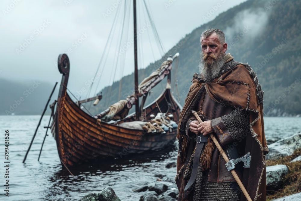 A rugged Viking warrior in historical garb stands before a Viking ...
