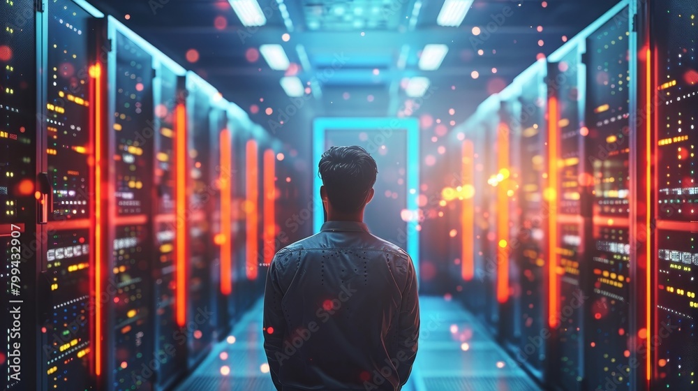 Guardian Of Data Network Security Specialist Protecting Glowing Servers In Data Center From