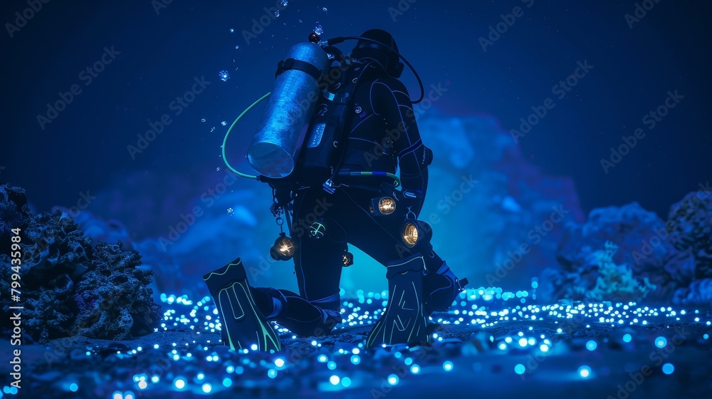 Glowing Bioluminescent Night Dive Technical Diver Prepares for ...