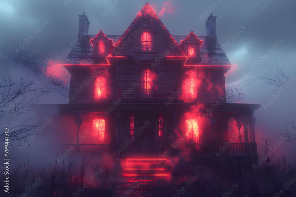 Mysterious Victorian House with Menacing Red Illumination Stock ...