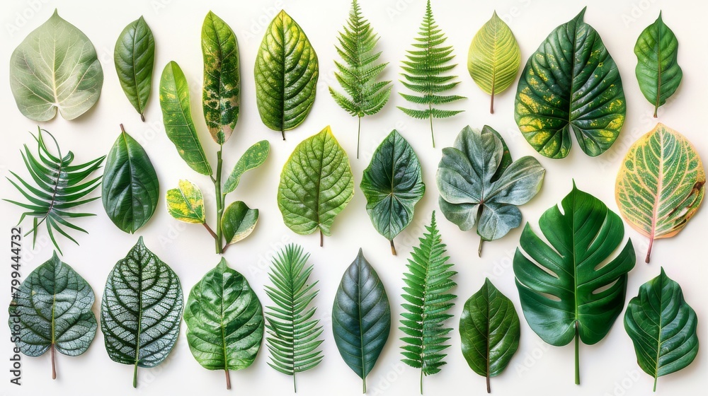 Set of tropical foliage of different sizes and colors isolated on white ...