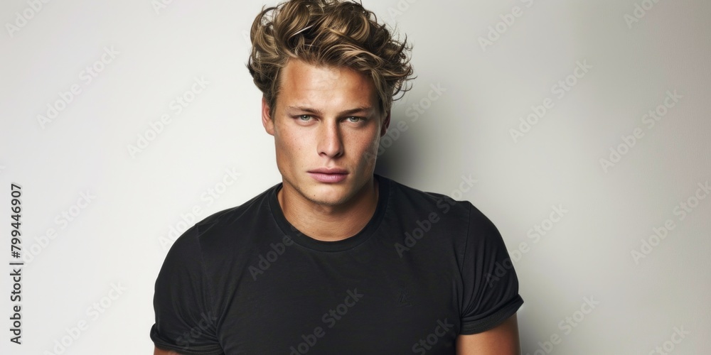 mysterious man in a black shirt leans casually against a stark white ...