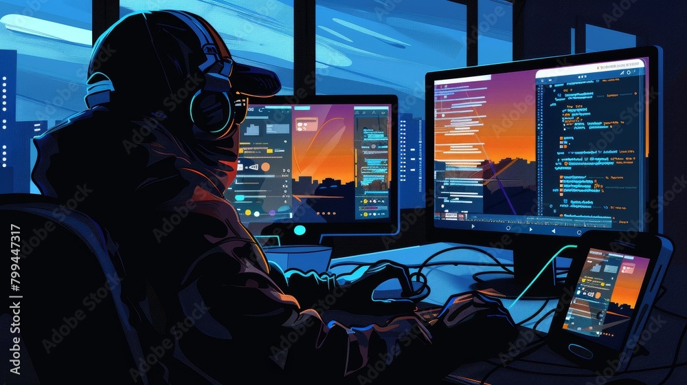 Tech Wizard Silhouetted Mobile Developer Debugging Android App with ...