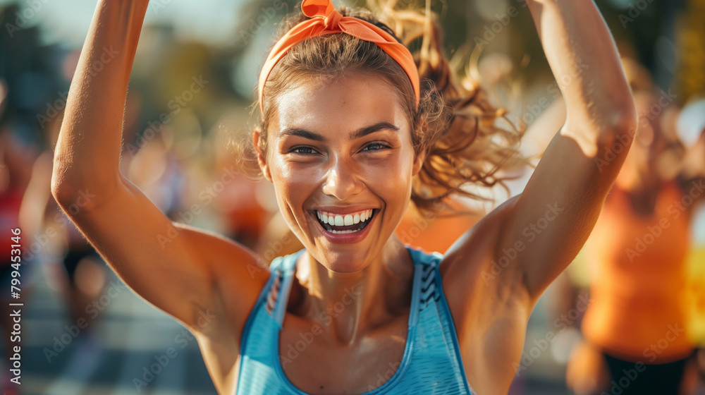 A triumphant athlete crossing the finish line with arms raised in ...