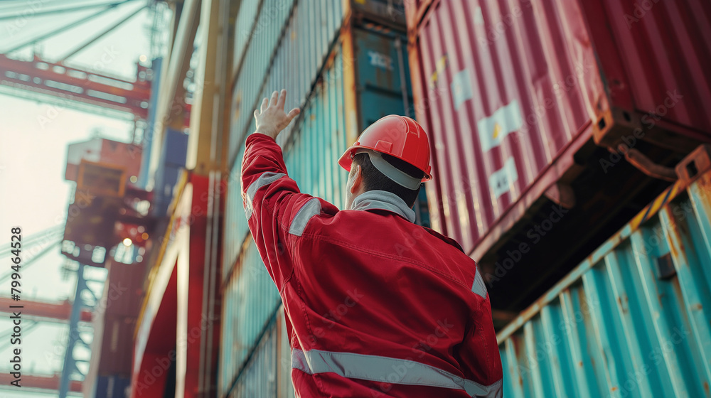 Close-up of a cargo port worker guiding a massive container onto the ...