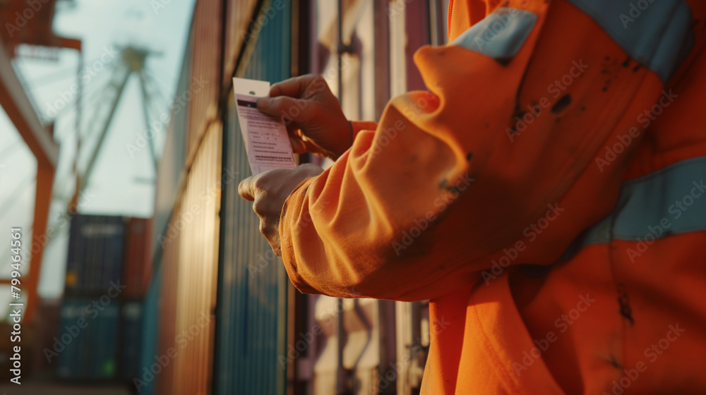 Close-up of a cargo port worker affixing identification tags to cargo ...