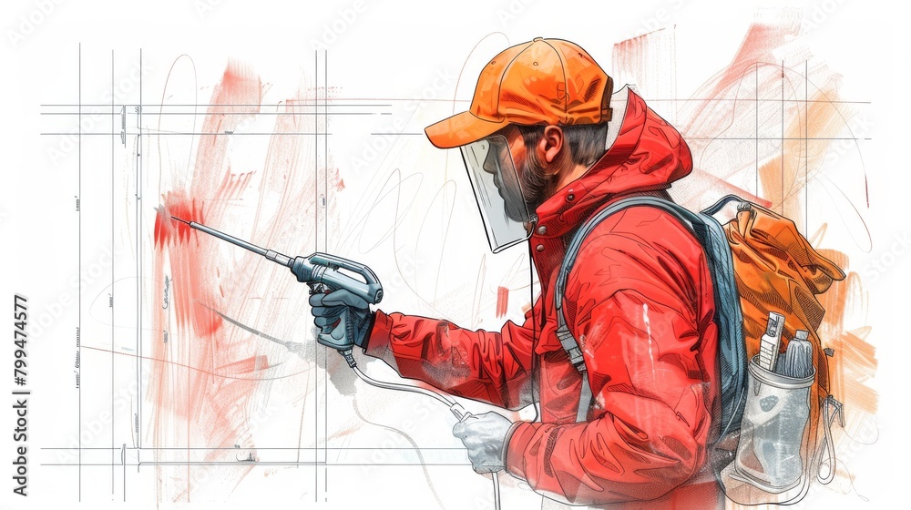 A single line drawing illustrates a young attractive handyman painting ...