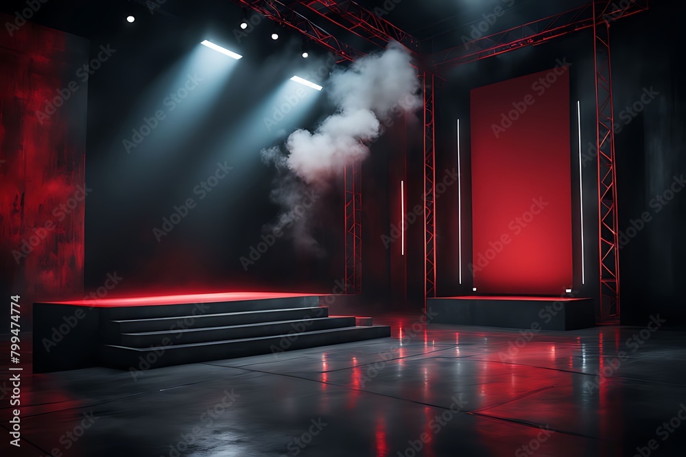 Dark stage with red background design, empty scene, neon lights ...