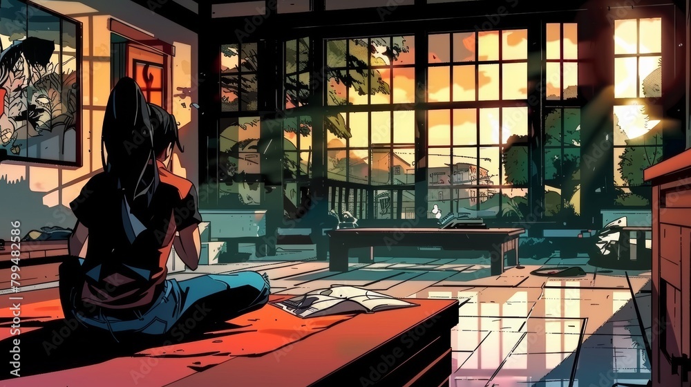 a beautiful room at sunset anime cartoonish . cozy lofi asian ...