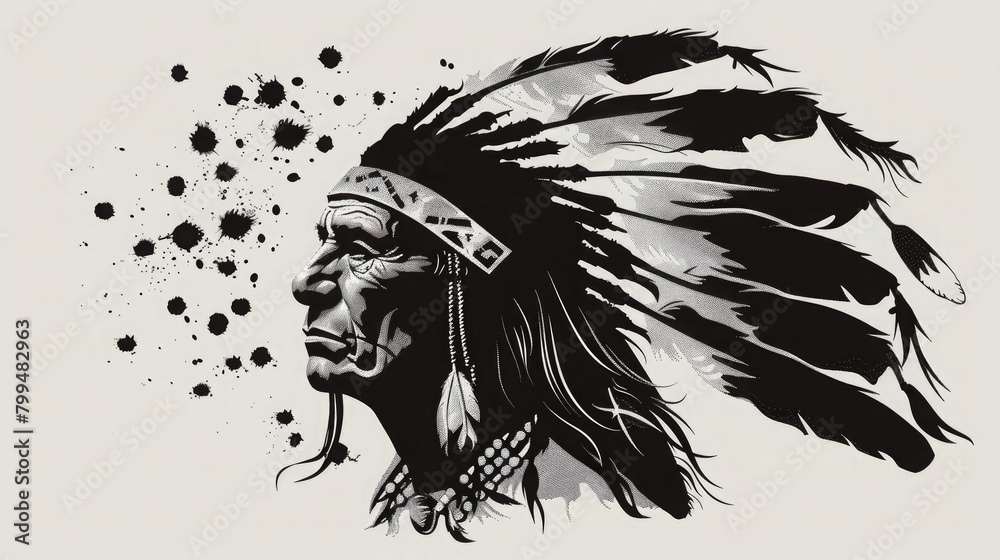 An iconic Native American chief in a black and white vector ...