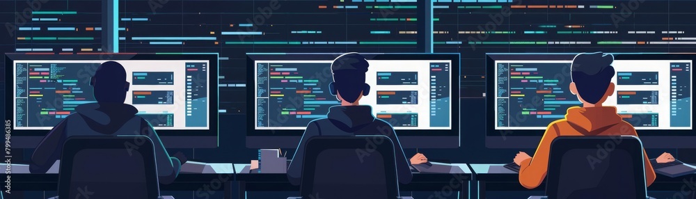 Team reviewing data encryption protocols, modern office, screens with ...