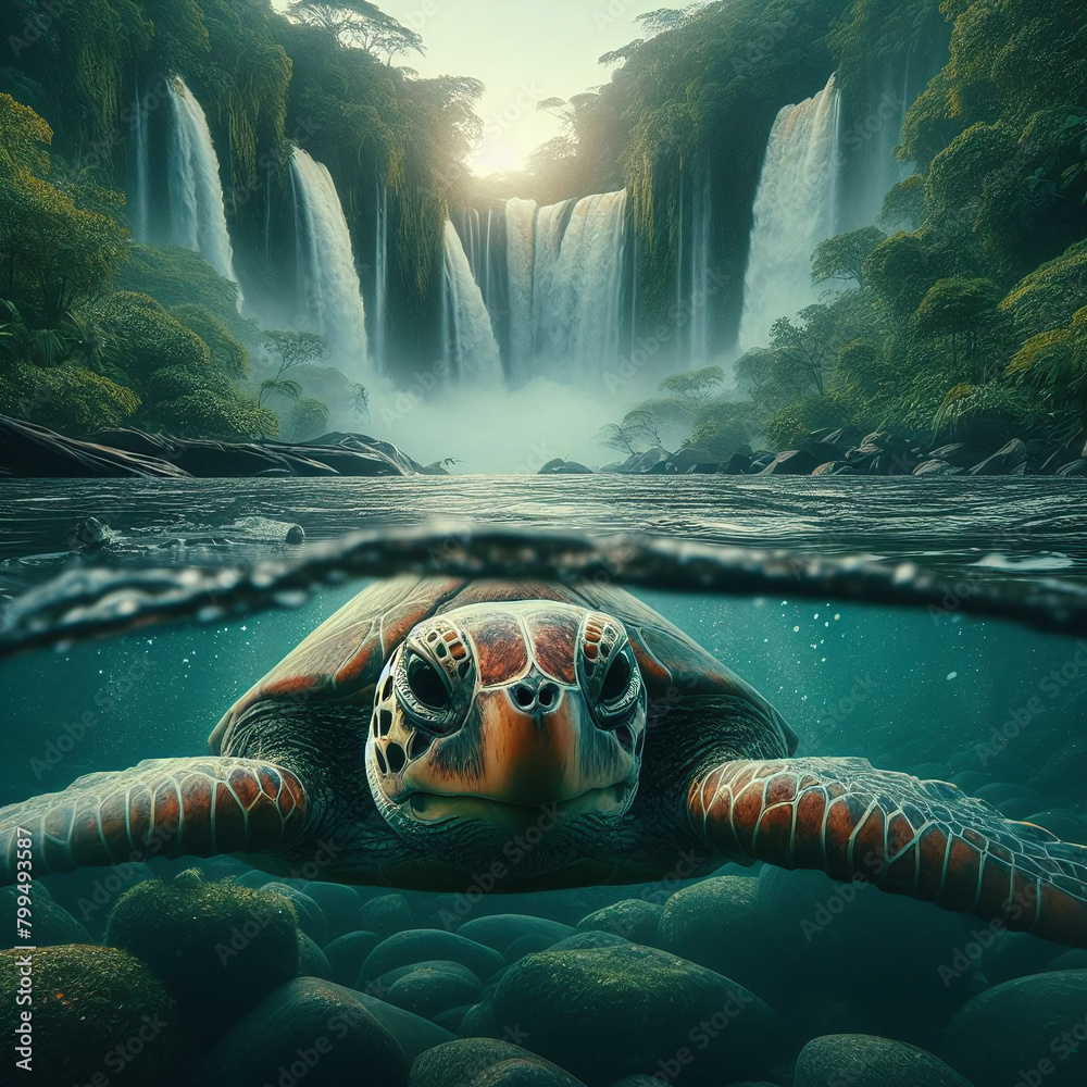 Amazon River Turtle Underwater with Majestic Rainforest Waterfall Stock ...
