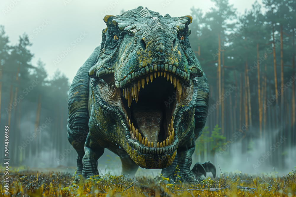 A towering Tyrannosaurus rex, its massive jaws open wide in a fearsome ...