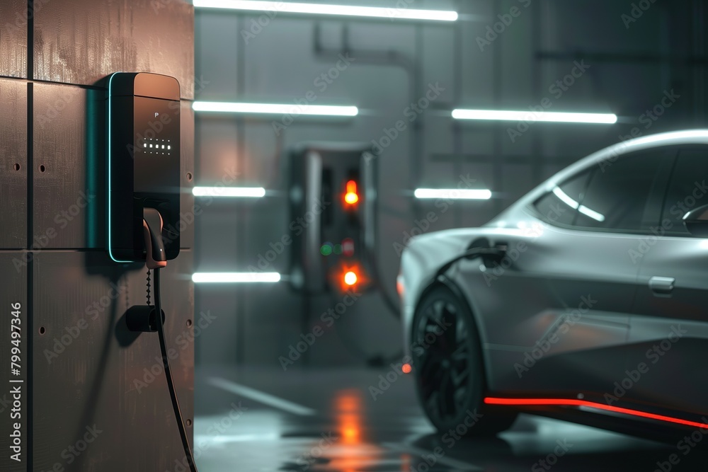 Electric car being charged. Charging station. Hybrid Carbon footprint ...