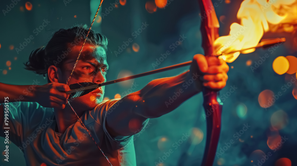 intense archer in action with a flaming arrow and dynamic lighting, to fire on the olympic games ...