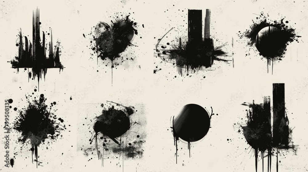 Modern illustration set of geometric ink splash. Square and circle ...