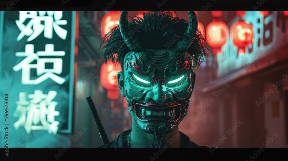 Oni green mask sign pose cyberpunk anime boy head design Stock ...