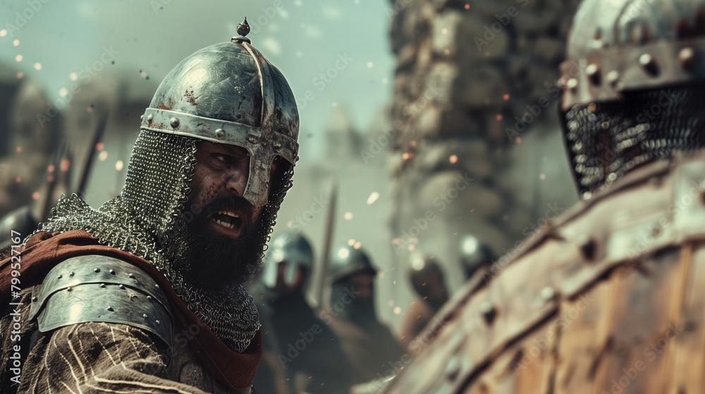 Medieval battle with warriors fighting in an epic battle. Christian ...