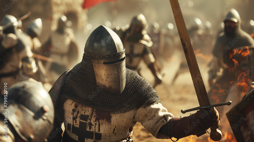 Medieval Christian Crusader soldier, with a longsword in hand, fighting ...