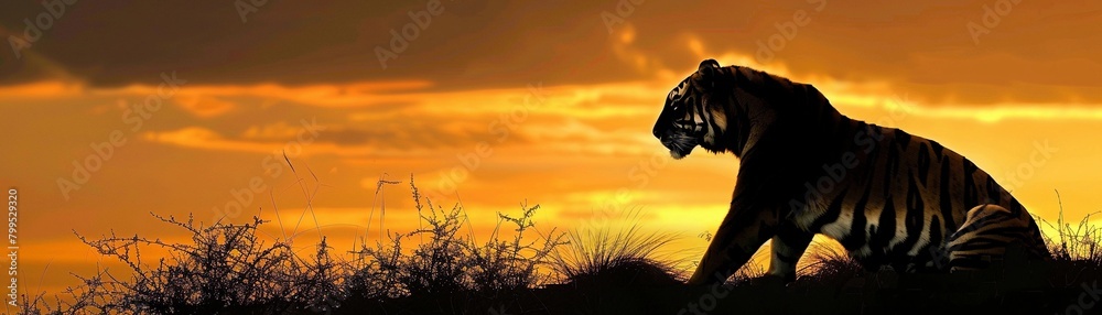 Crouching Tiger, A powerful tiger's silhouette in a crouched position ...