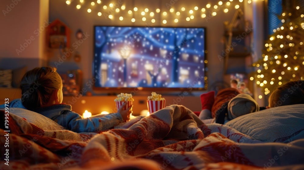 A cozy family movie night with blankets and popcorn, watching a classic ...