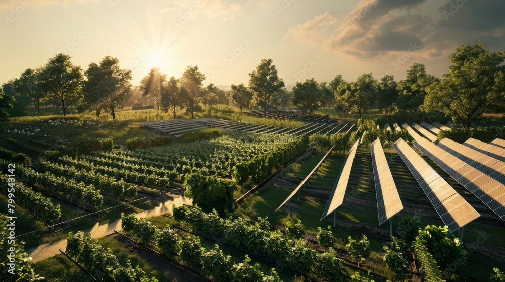 Farmland enhanced with agrivoltaics, where solar panels are ...