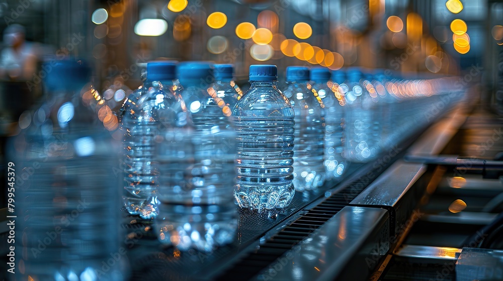 mechanics of unlabeled plastic bottles on a streamlined assembly line ...
