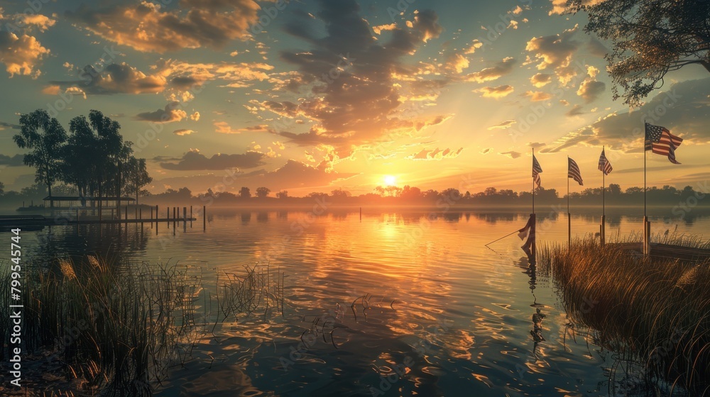 A peaceful scene of a sunset over a tranquil lake, with American flags ...