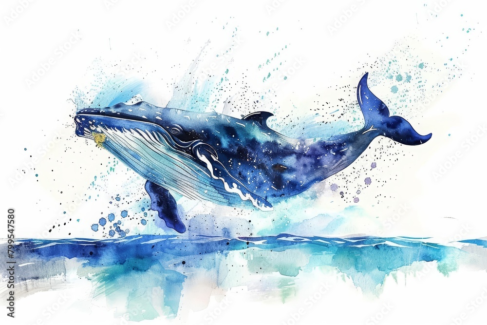 Watch a clean watercolor painting of a whale splashing in the ocean ...