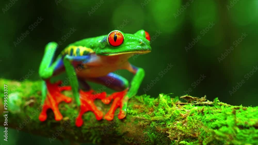 Red-eyed tree frog in its natural habitat in the Caribbean rainforest ...