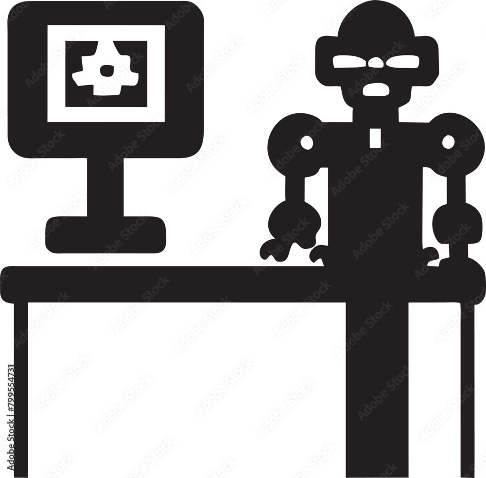 anglais black silhouette of a bureaucrat in front of a pc with a robot ...