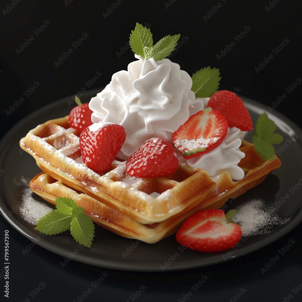 Unos deliciosos waffles con crema batido y fresas cortadas en pequeños ...