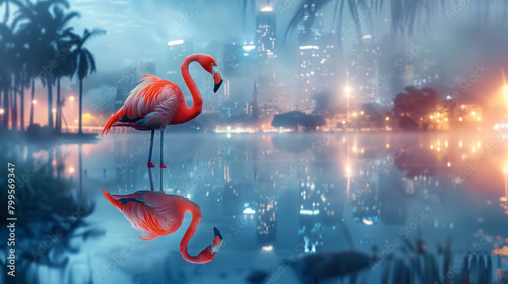 Surrealism, a giant flamingo standing over a mirrored flooded city ...