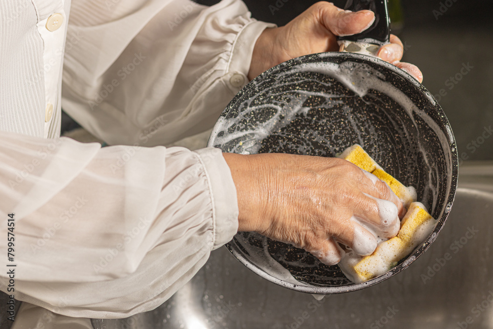 Female hand washing frying pan under running water. housewife woman ...