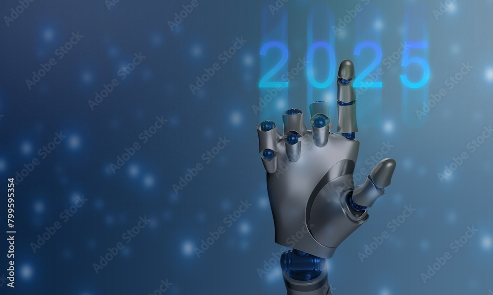 2025 new year blue background wallpaper copy space robot cheerful touch ...