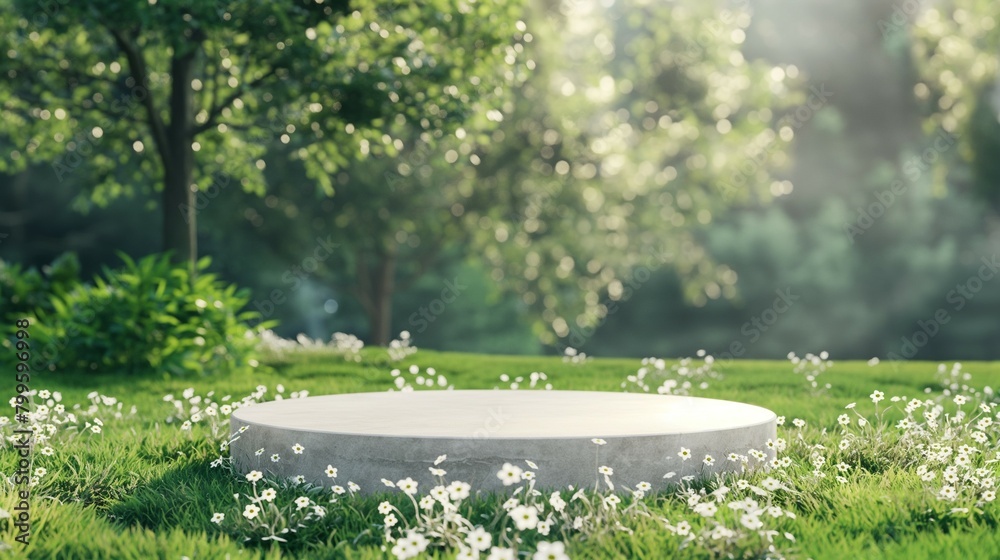 Podium mockup, green garden grass background for product display, 3d ...