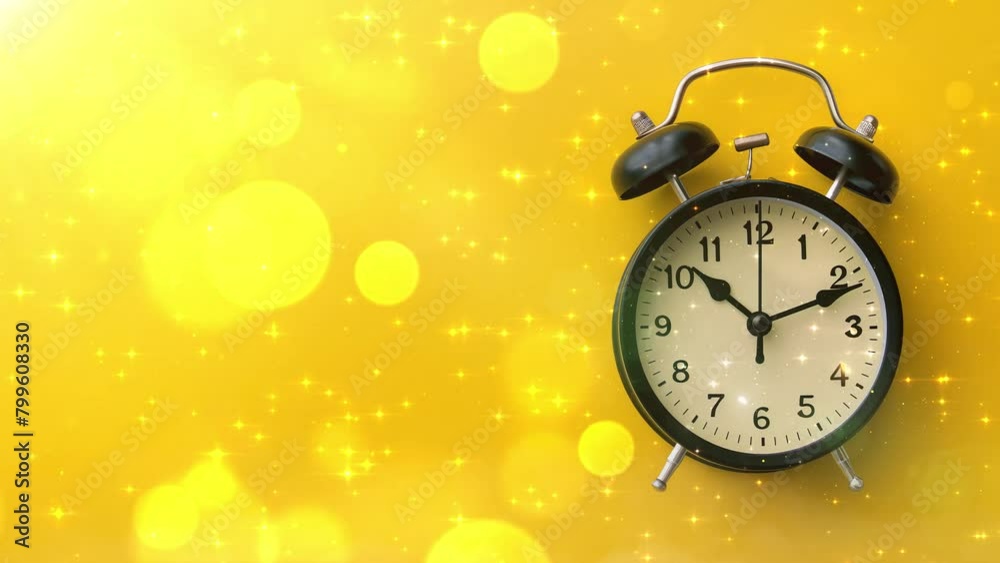 Black retro alarm clock on yellow background top view. yellow ...