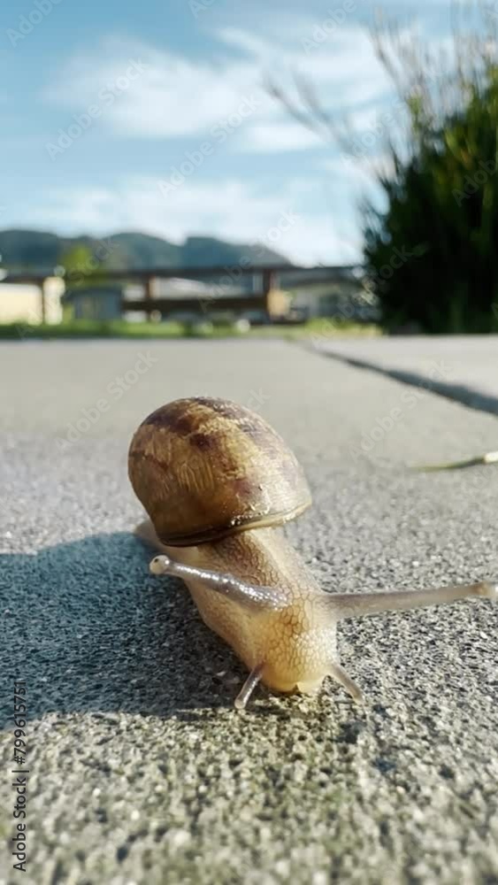 Vertical video. A detailed view of a snail slowly crawling along a road ...