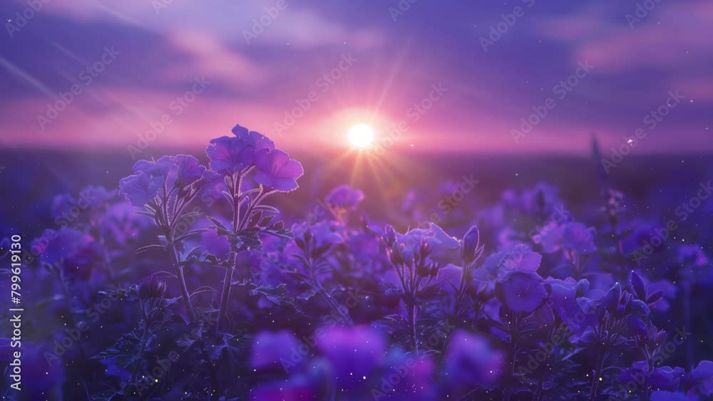 summer background. phacelia flowers field and purple sunset sky ...