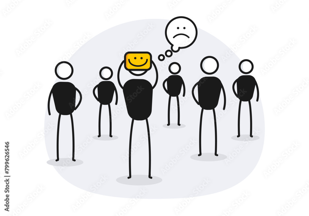 Person holding a happy mask hiding true sad unhappy feelings. Vector ...