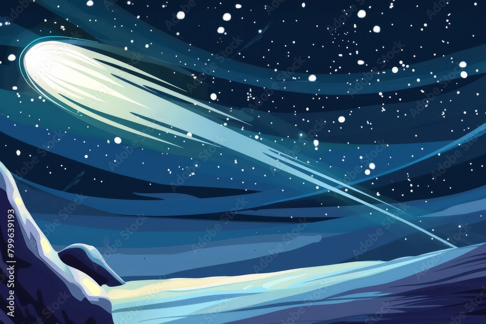 Cartoon cute doodles of a comet streaking through the night sky, with a spaceship trailing ...